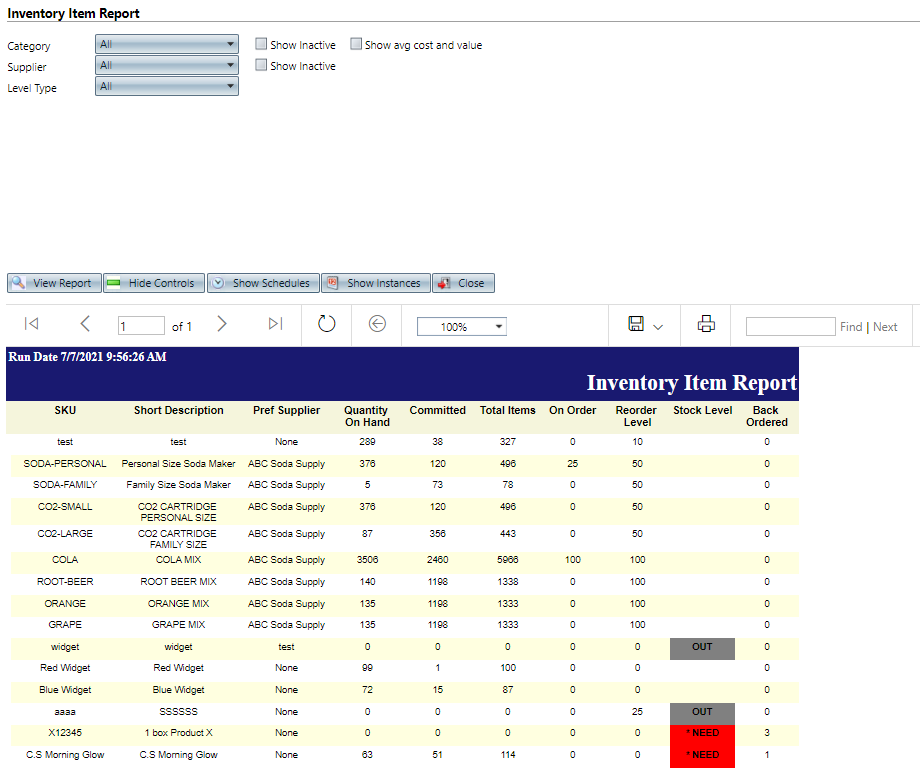 Inventory Item List Report Definitions